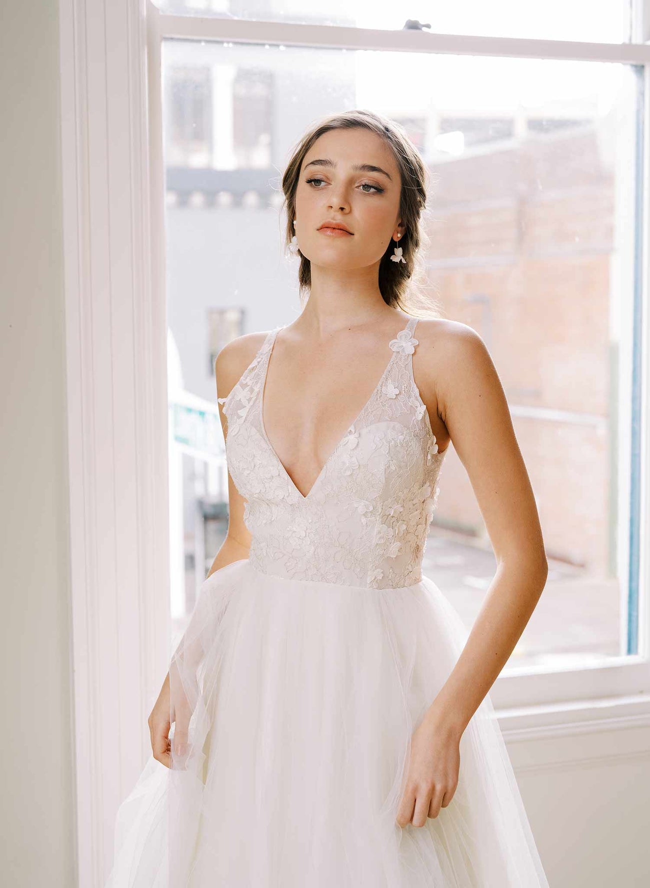 Pearl and clay flower bridal earrings - Hand sculpted iris drop earrings, petite - Style #2430