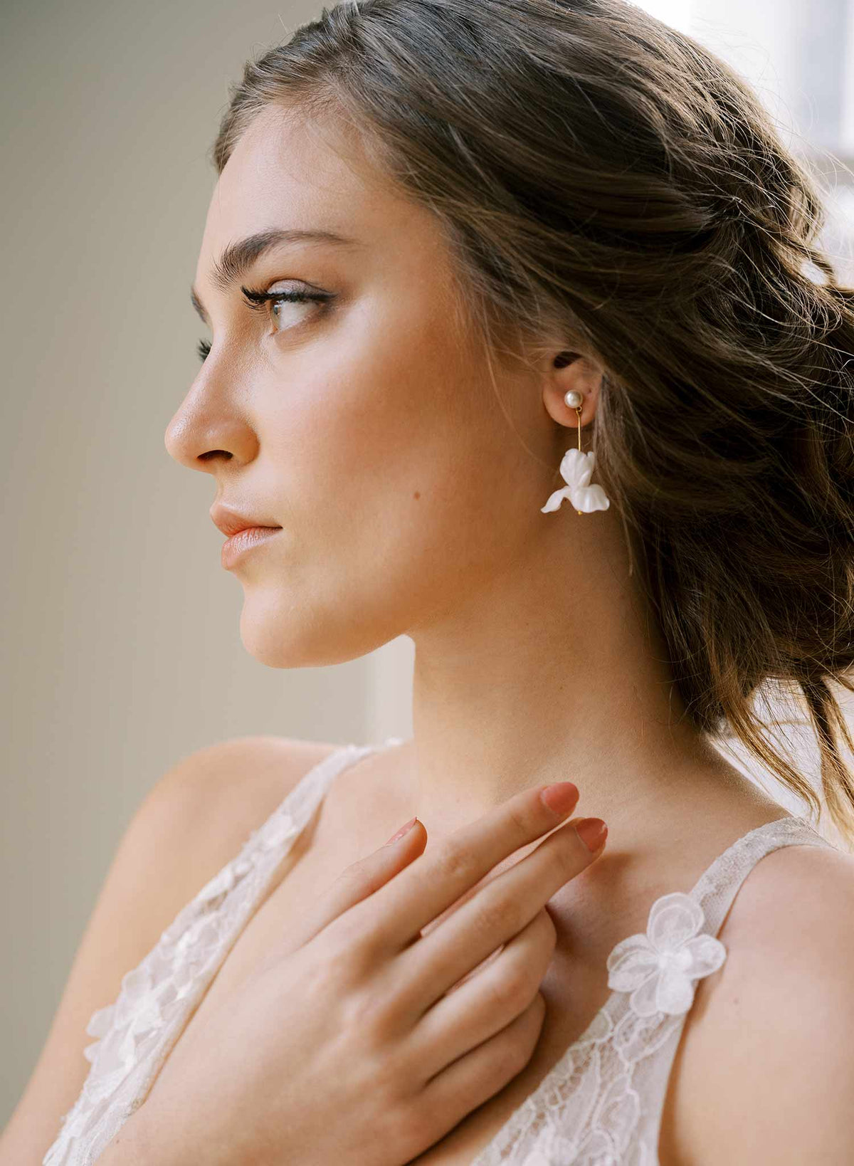 Pearl and clay flower bridal earrings - Hand sculpted iris drop earrings, petite - Style #2430