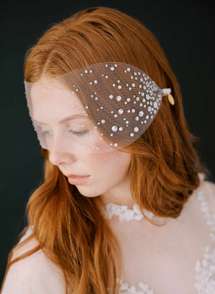 Narrow bridal veil with crystals - Crystal speckled crinoline bandeau ...
