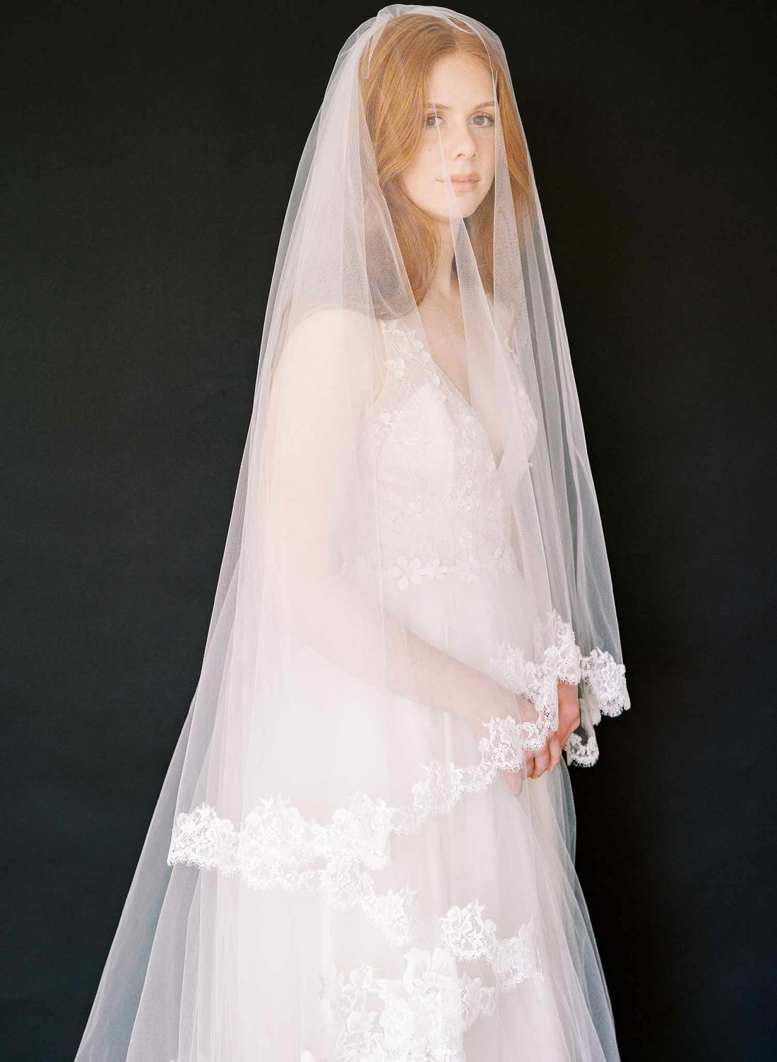 Lace cathedral trail veil with blusher - Regal French lace veil with ...