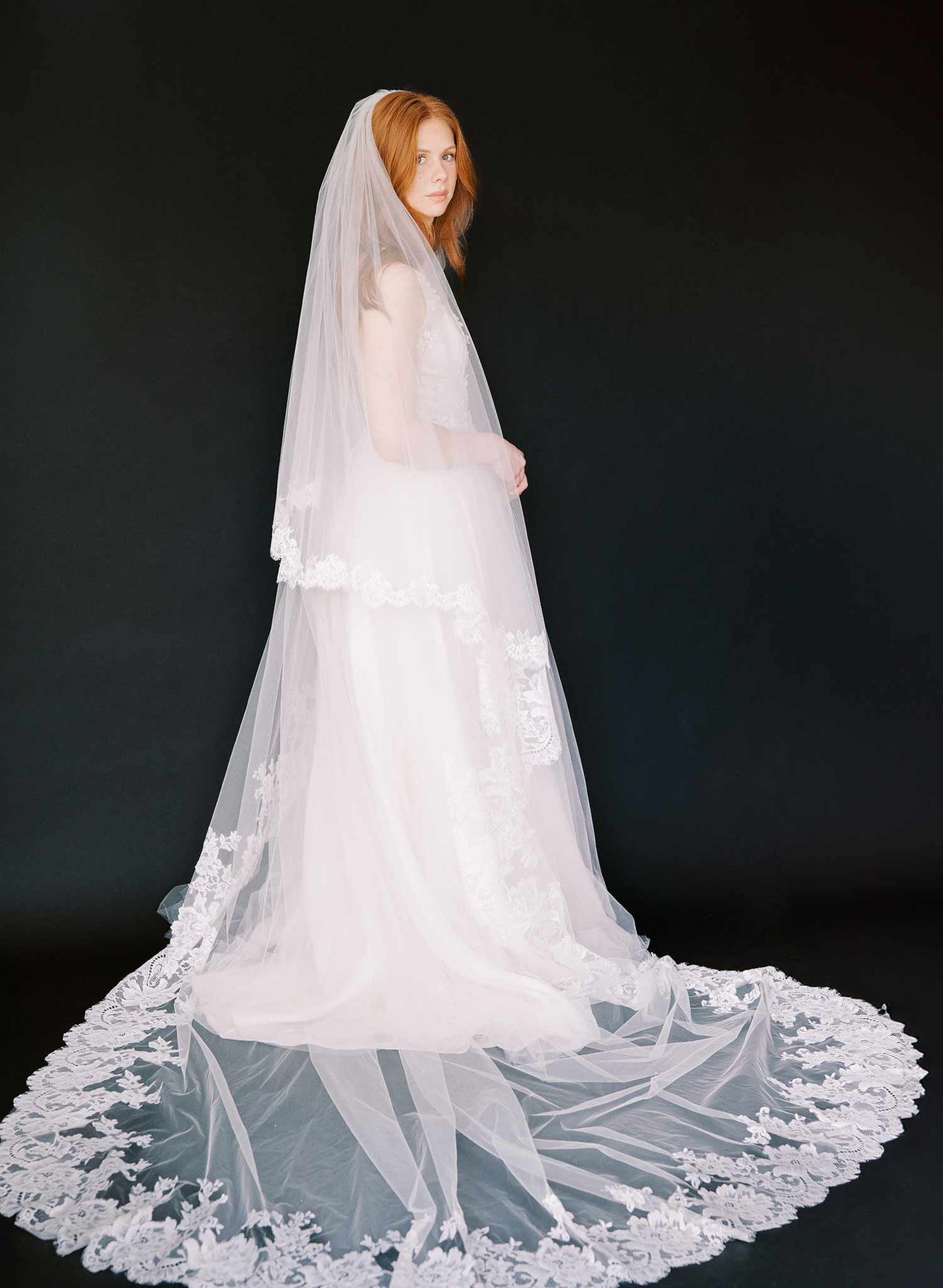 Lace cathedral trail veil with blusher - Regal French lace veil with ...