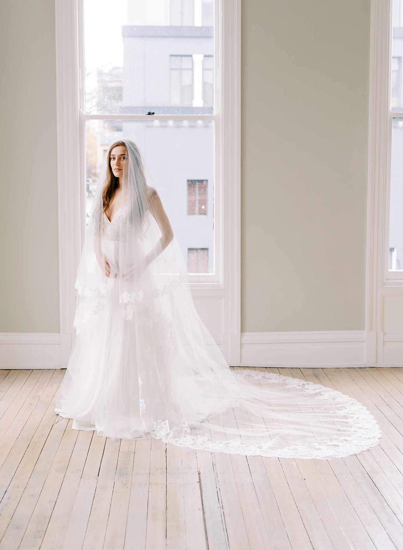 Lace cathedral trail veil with blusher - Regal French lace veil with ...