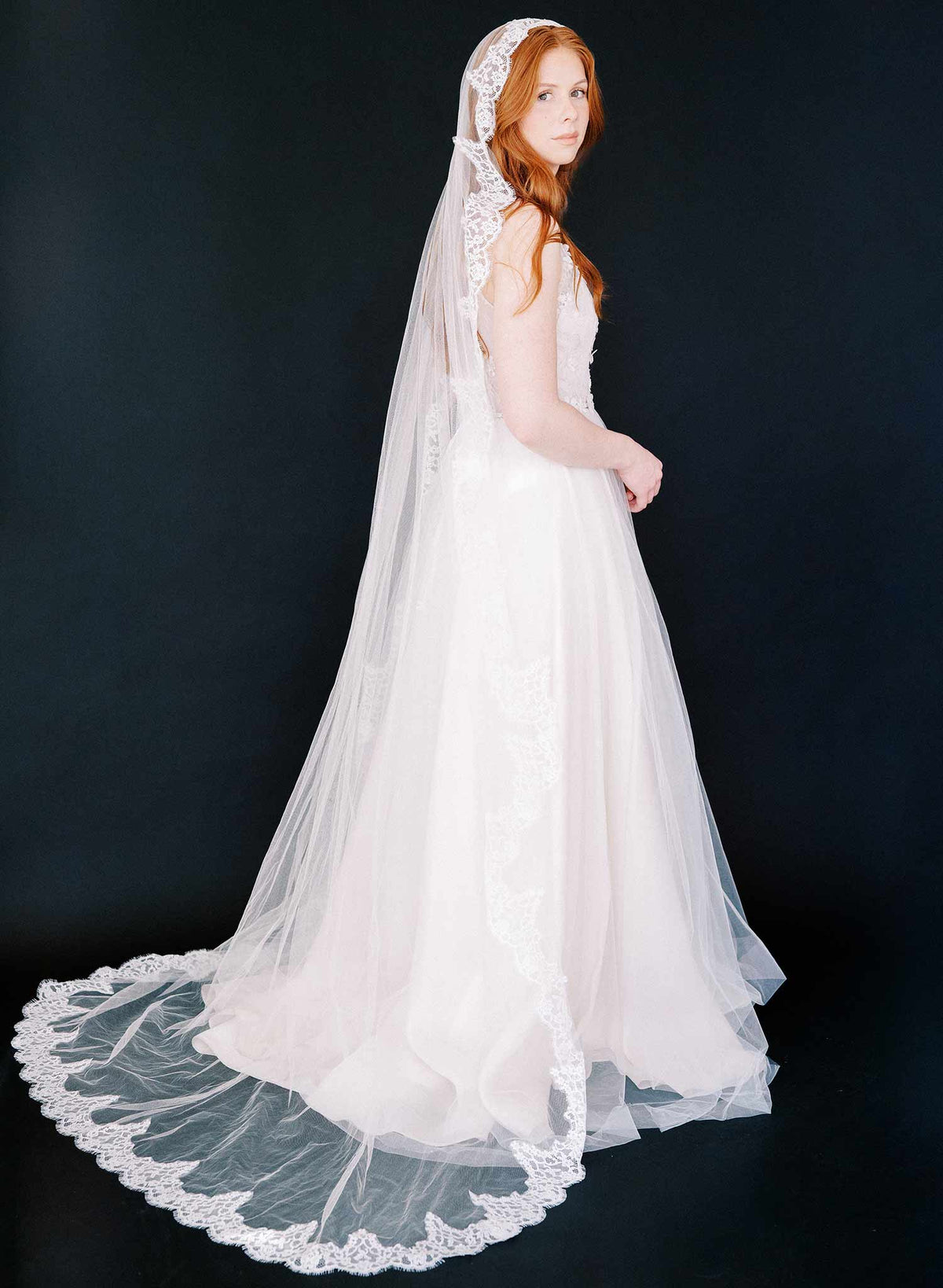 Silk wedding veil with lace edges - French lace trimmed silk tulle ...