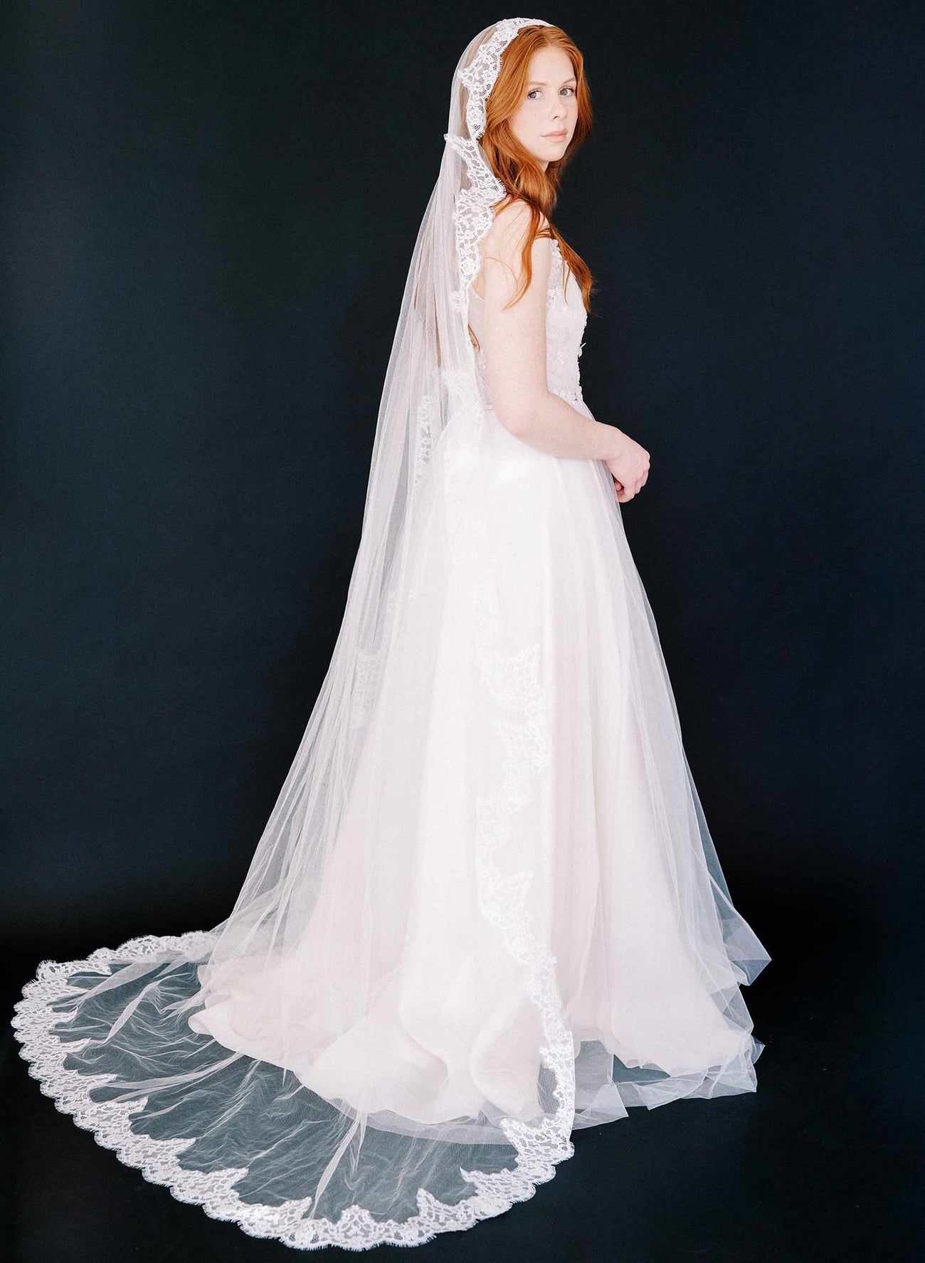 Silk wedding veil with lace edges - French lace trimmed silk tulle ...