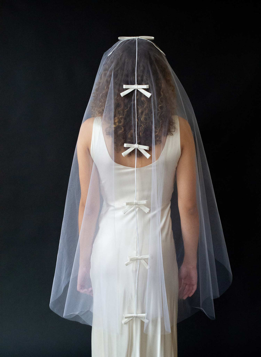 Seam Back Fingertip Mantilla Bridal Veil with Silk Bows – Style #2602