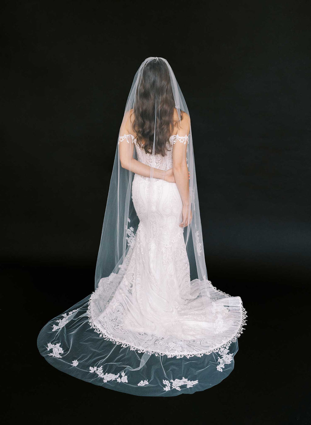Floating french lace applique train veil