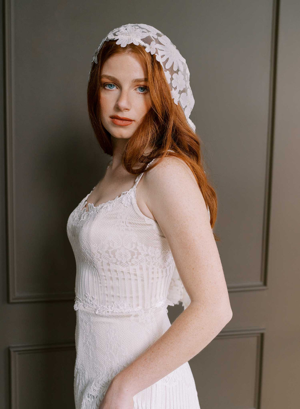 Bold laser cut lace silk flowers, juliet bridal cap veil