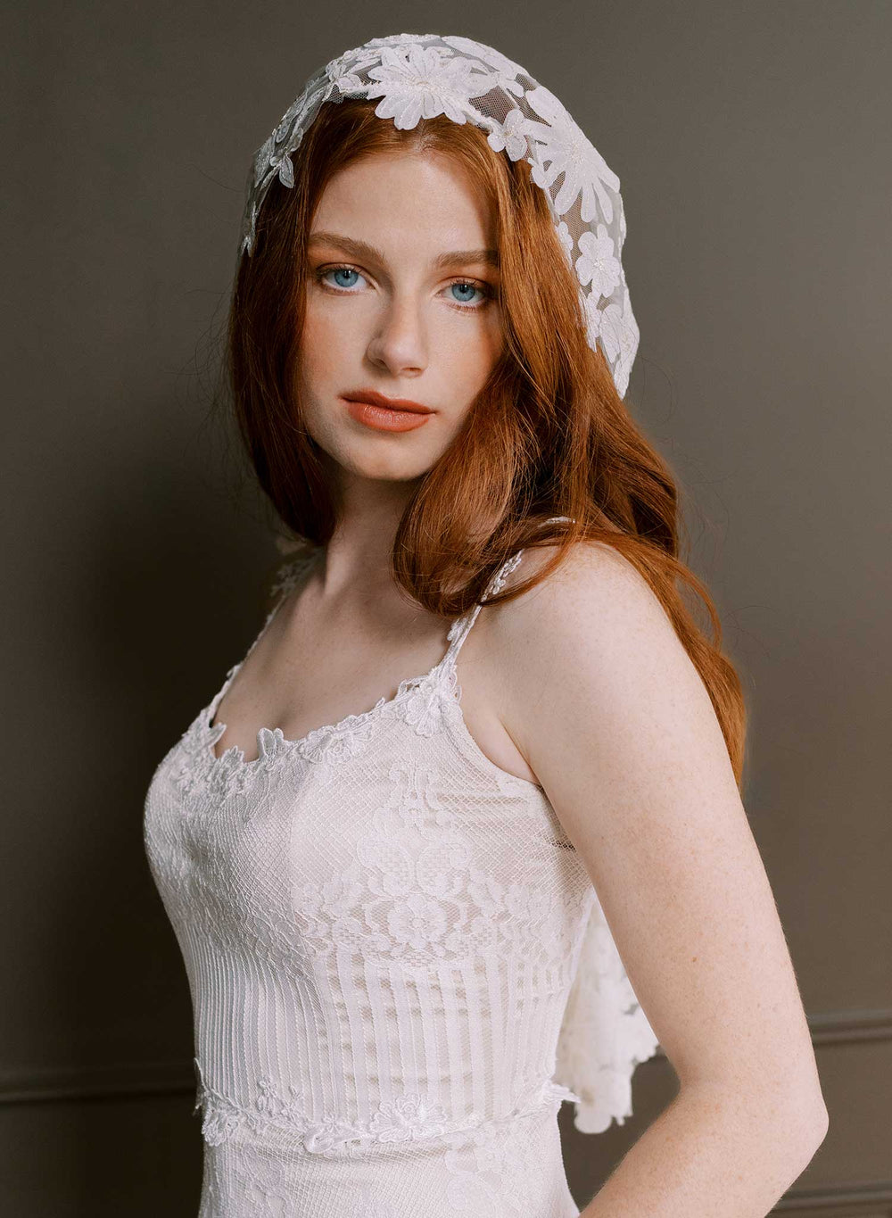 Bold laser cut lace silk flowers, juliet bridal cap veil