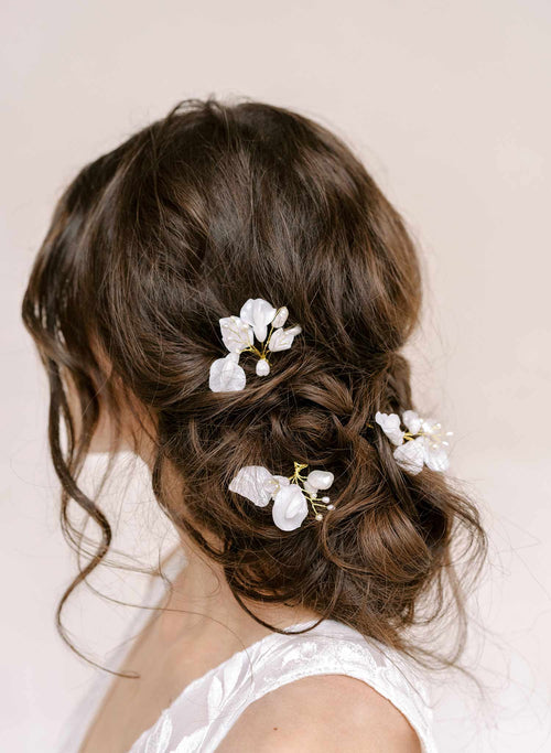 Bridal hair pins, flower pins - Pearlescent sweet pea pin set of 3 ...