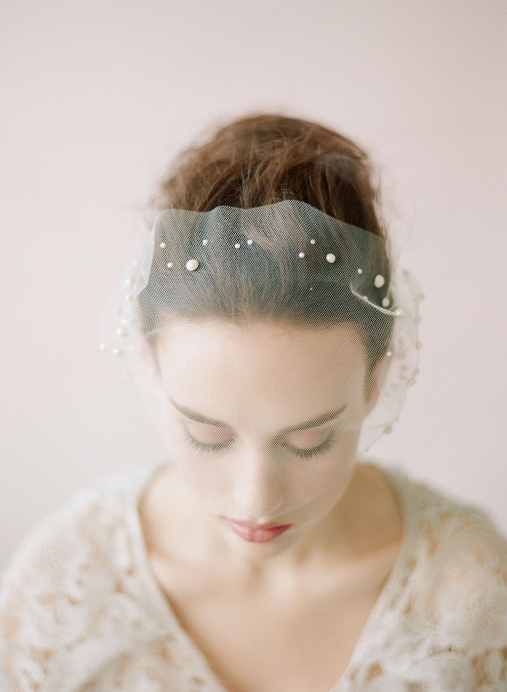 Pearl adorned tulle bandeau veil - Style # 427