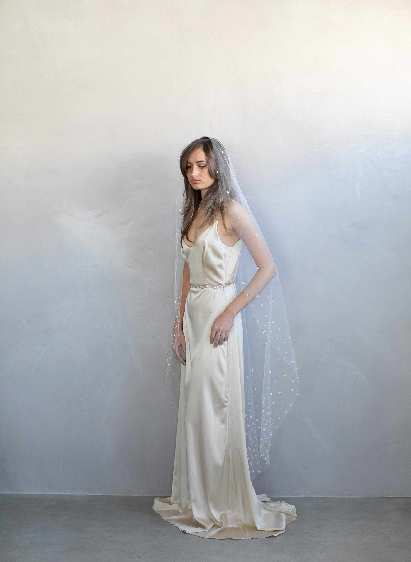Sequin and pearl bridal train veil - Pearl and sequin chapel train veil ...
