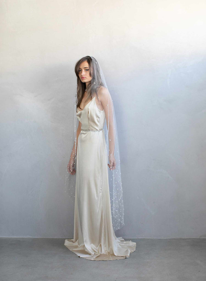 Sequin and pearl bridal train veil - Pearl and sequin chapel train veil ...